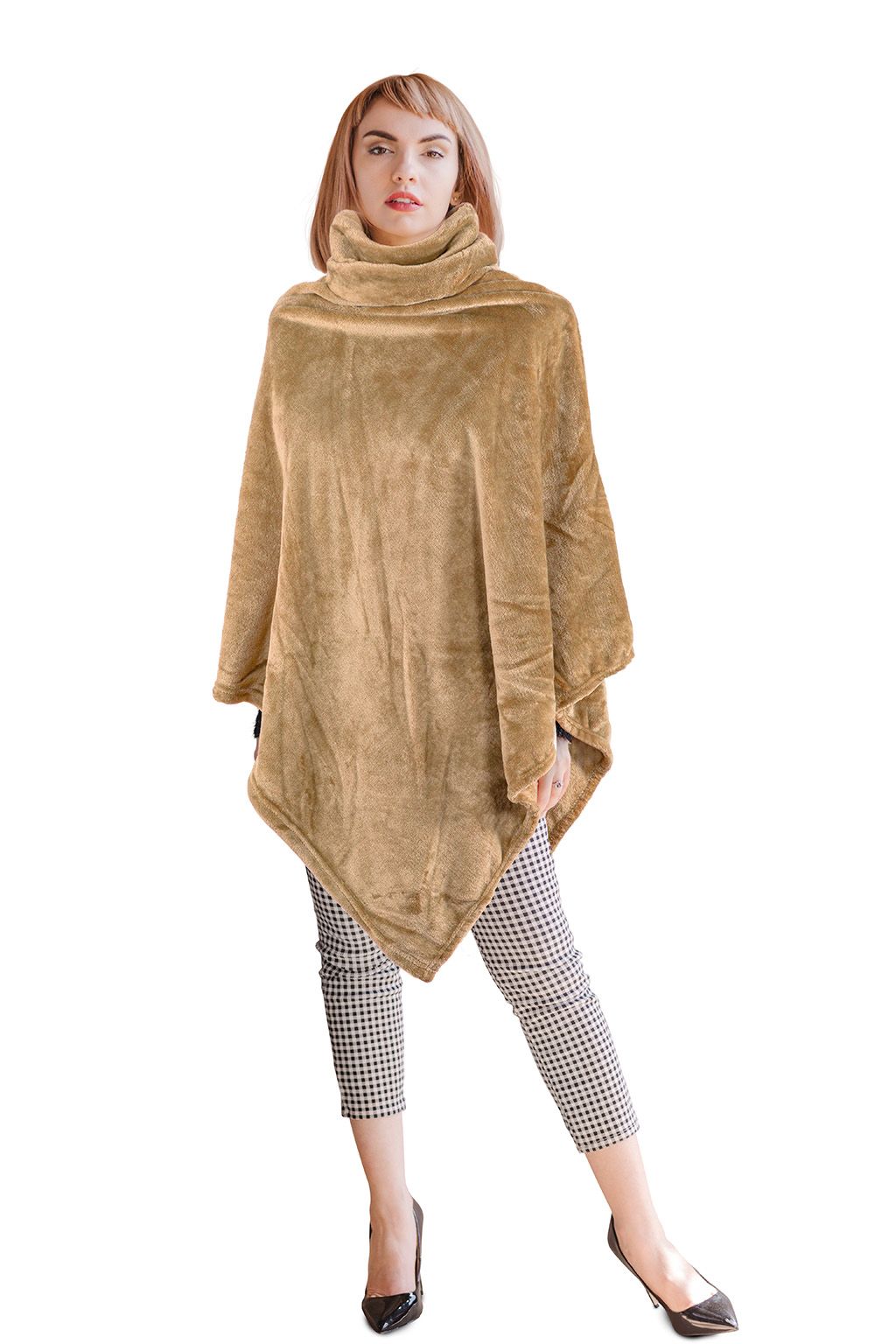 Poncho Cosy Collar Micro Flannel 80x80 cm — Indian Tan